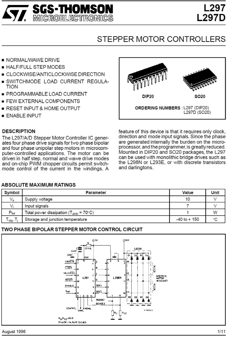 L297 STMICROELECTRONICS 드라이버 IC 모터 제어용 스텝 모터 드라이버, 고정밀 제어 (HBM0530)